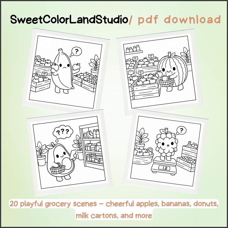 Printable Kawaii Food Coloring Book, Grocery Shopping Adventure Pages ...