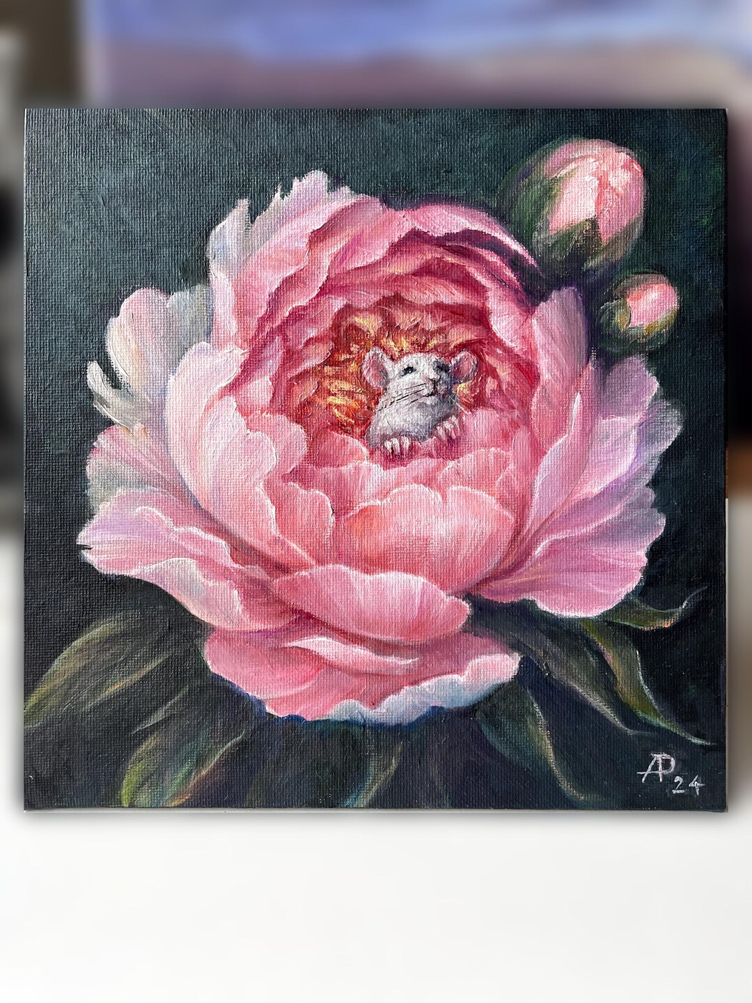 Peony and the Mouse Original Oil Painting | Hand-painted Art | Canvas ...