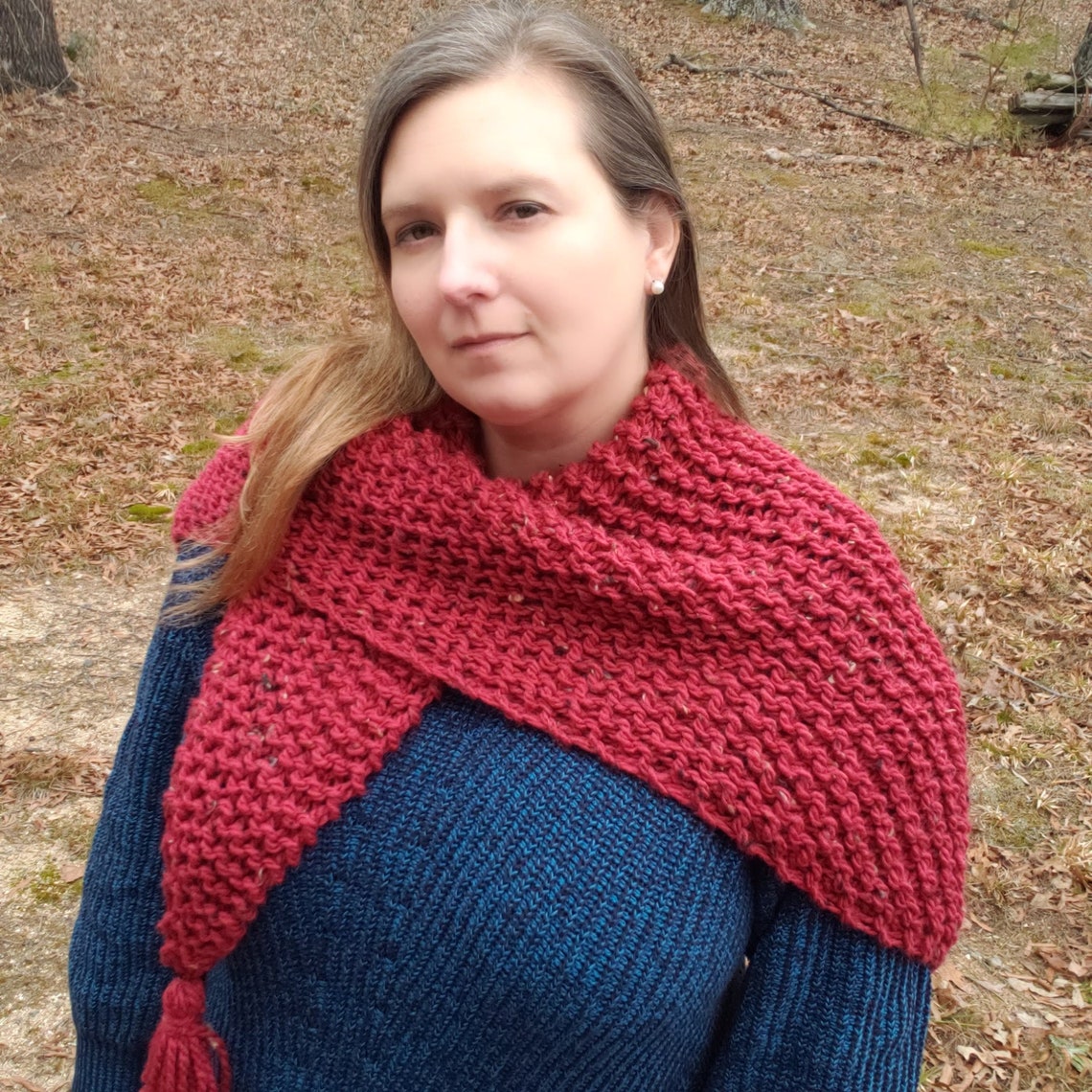Chunky Knitted Triangle Scarf / Red Tweed Tassel Shawl / Thick - Etsy