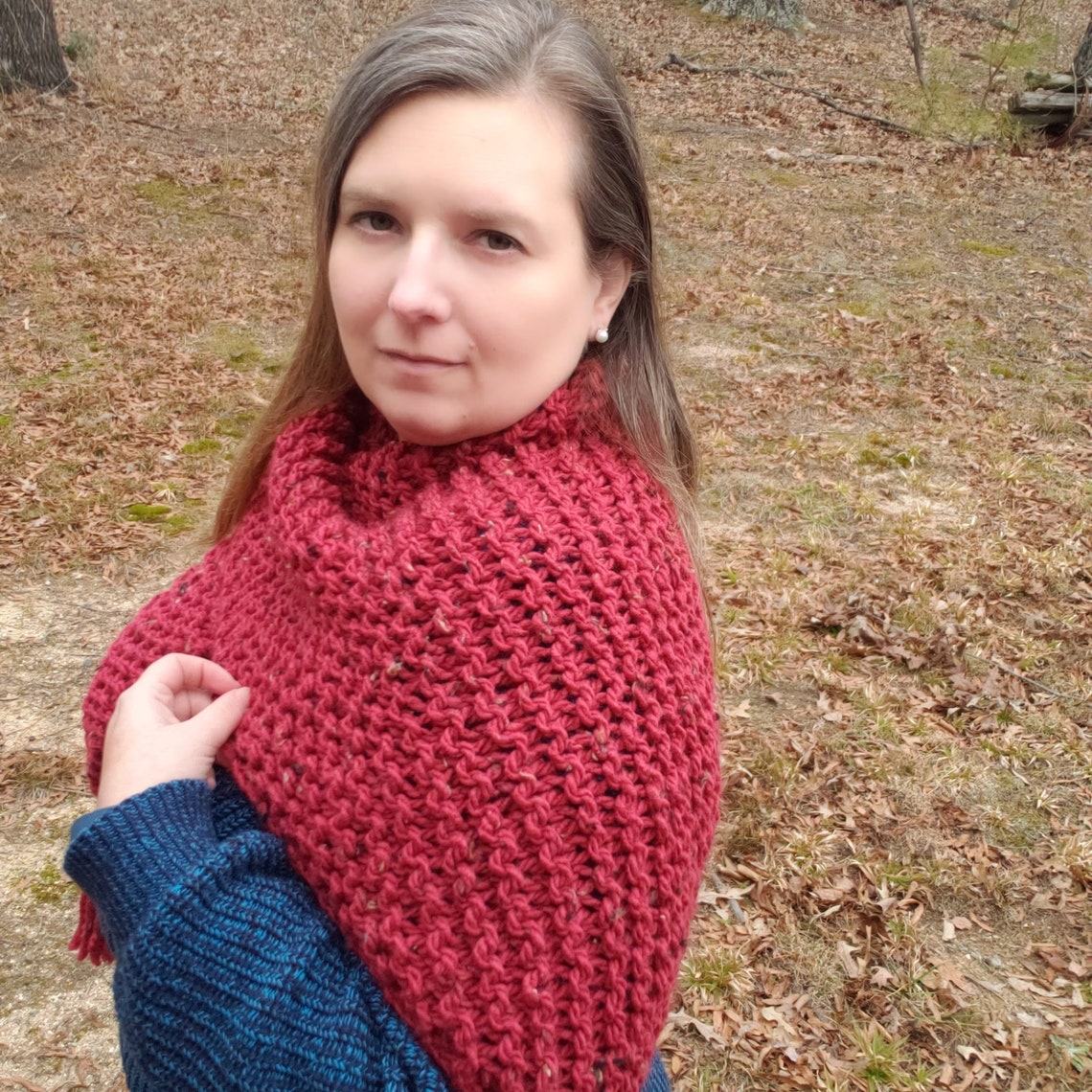 Chunky Knitted Triangle Scarf / Red Tweed Tassel Shawl / Thick - Etsy
