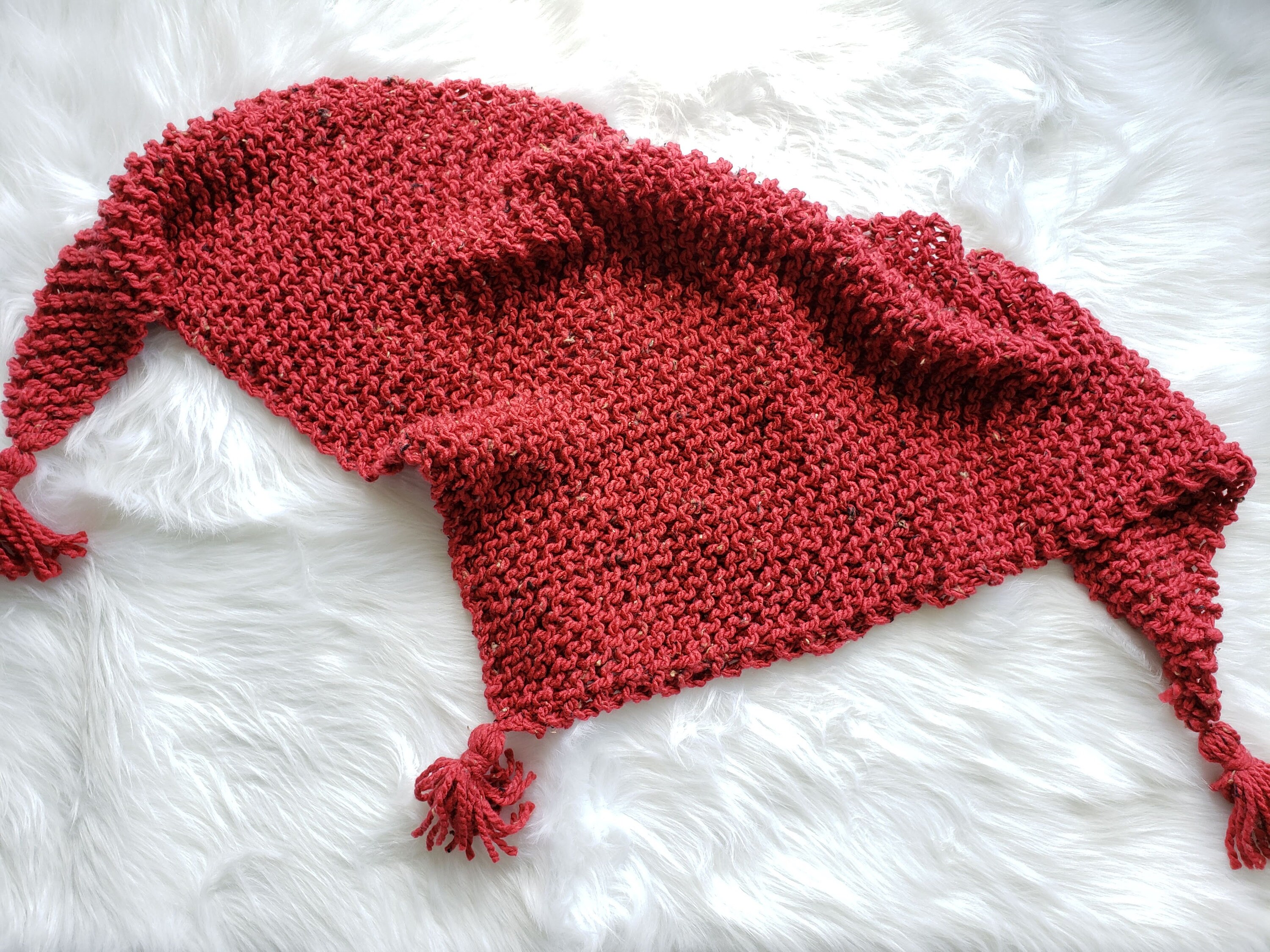 Chunky Knitted Triangle Scarf / Red Tweed Tassel Shawl / Thick Warm ...