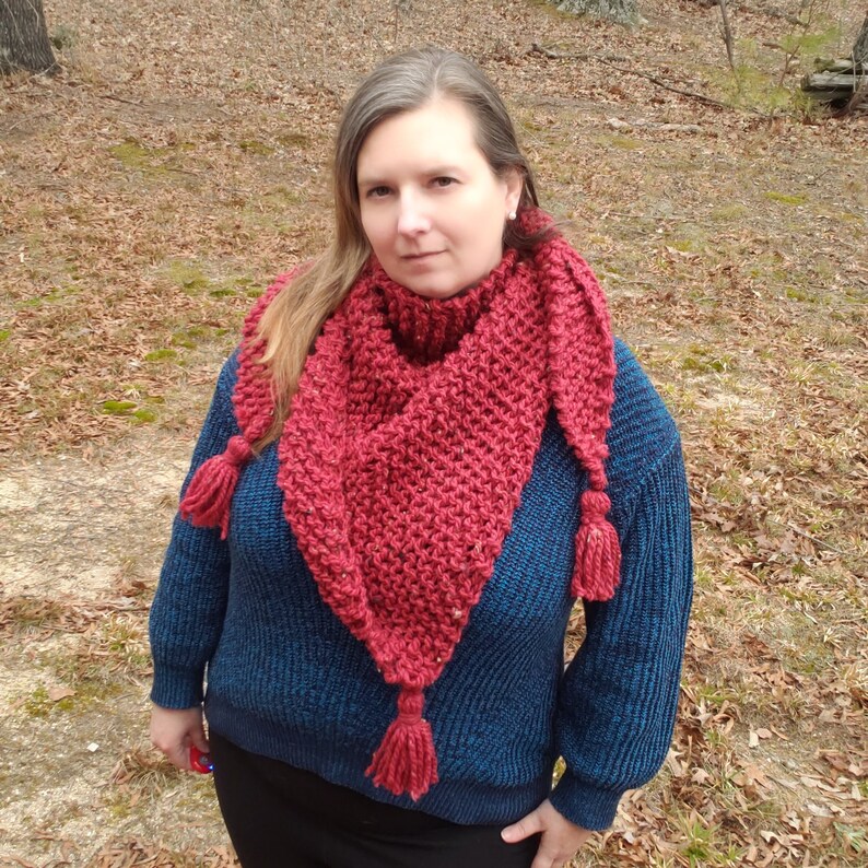 Chunky Knitted Triangle Scarf / Red Tweed Tassel Shawl / Thick Warm ...