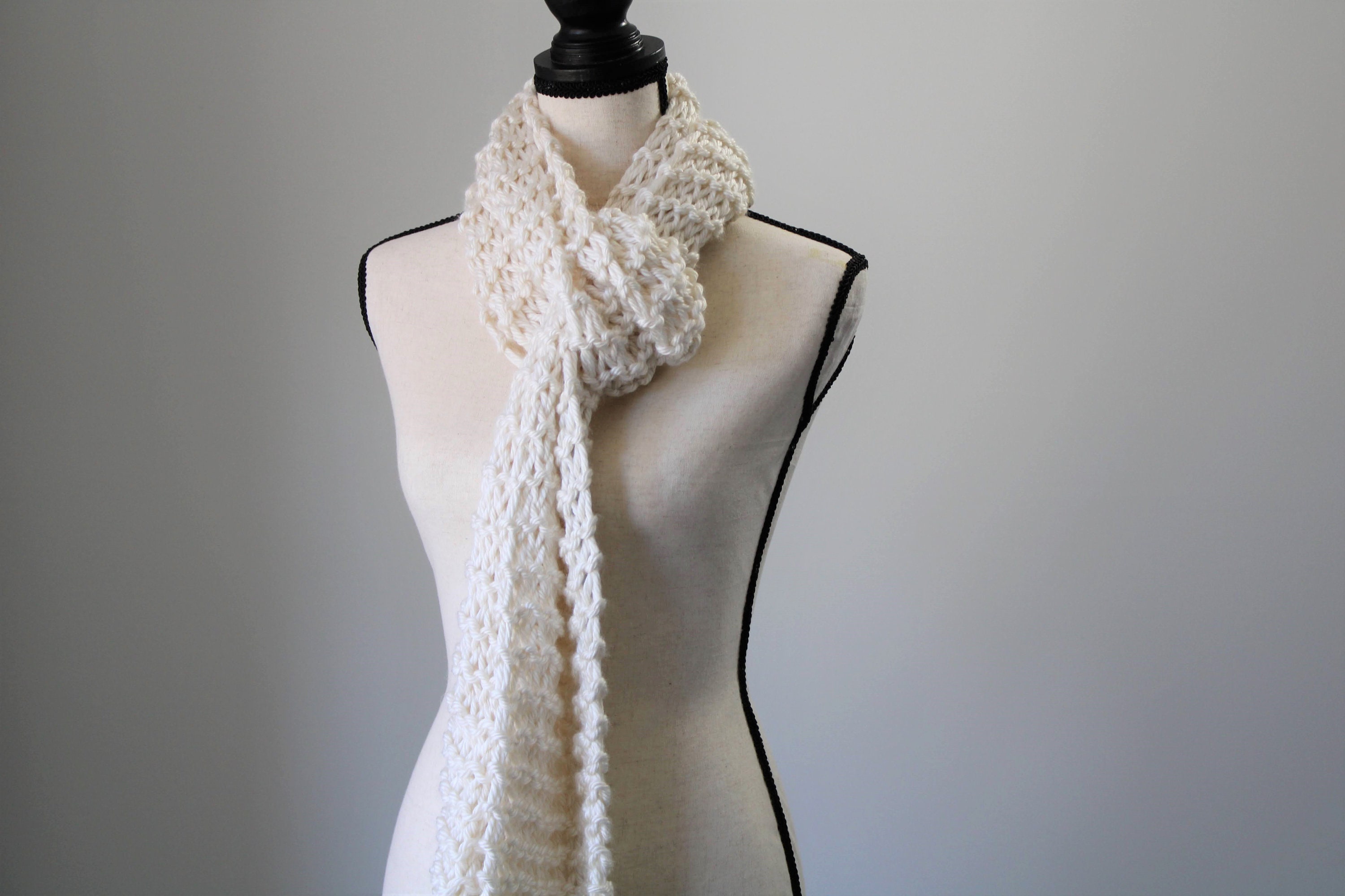Chunky Knitted Cream Scarf, Warm off White Scarf, Classic Vegan ...
