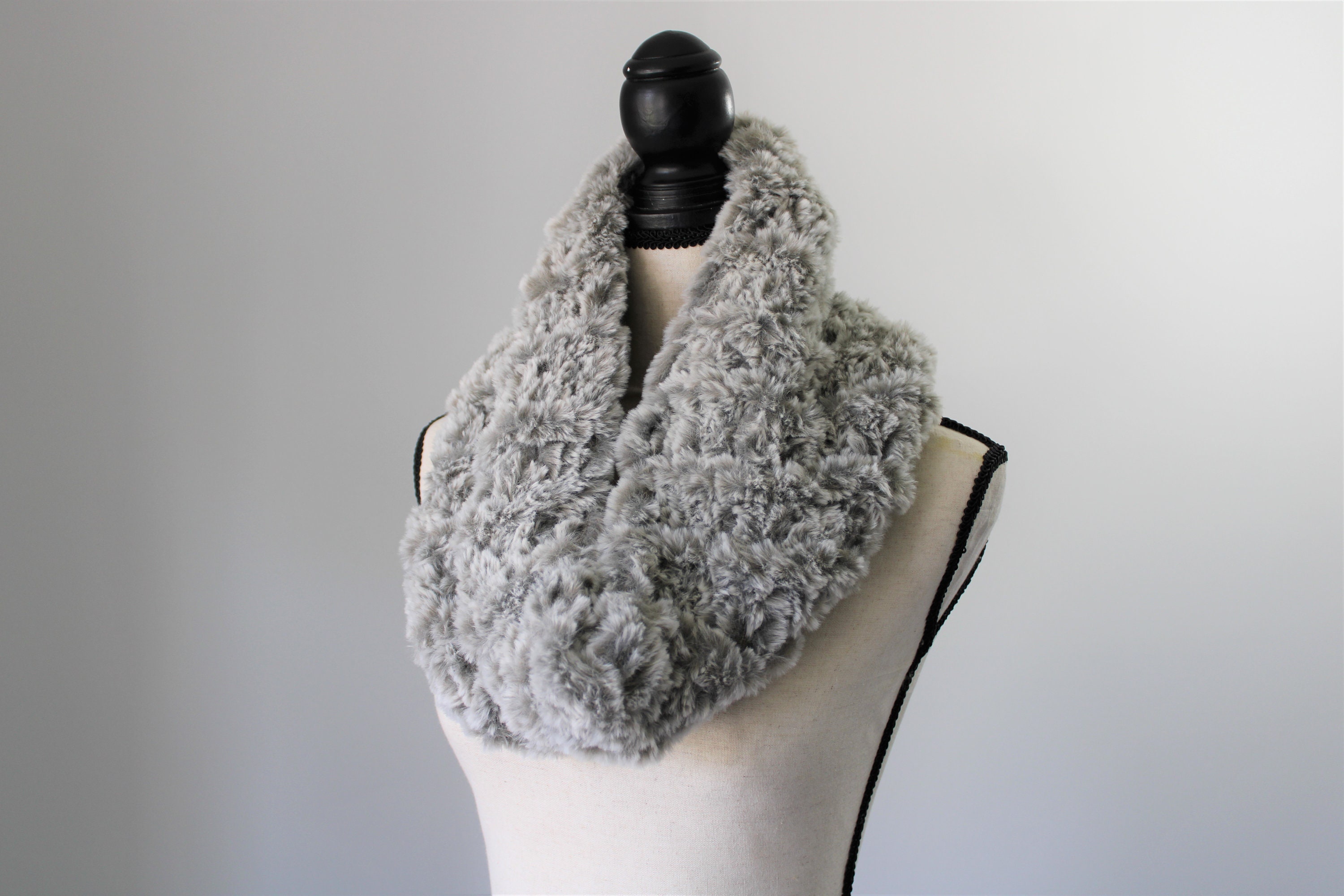Soft Gray Faux Fur Cowl, Cozy Knitted Vegan Fur Scarf, Warm Winter ...