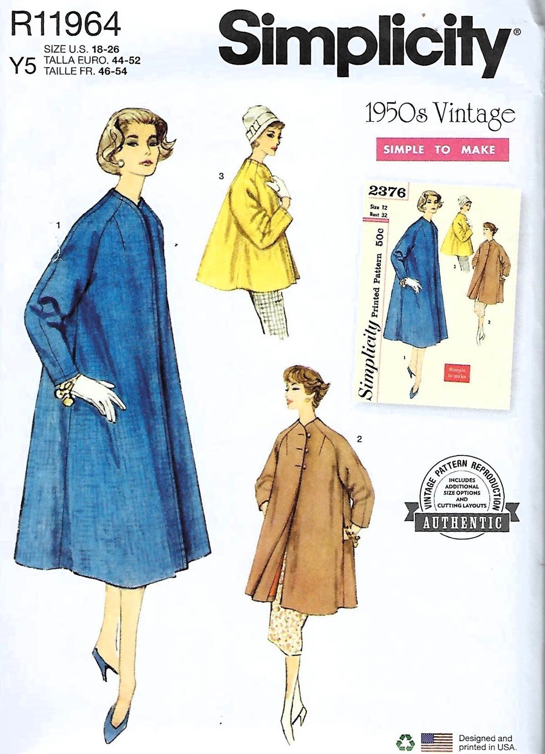 Simplicity 1950's Vint Reprint 9847/r11964misses Vintage Coat in Three ...