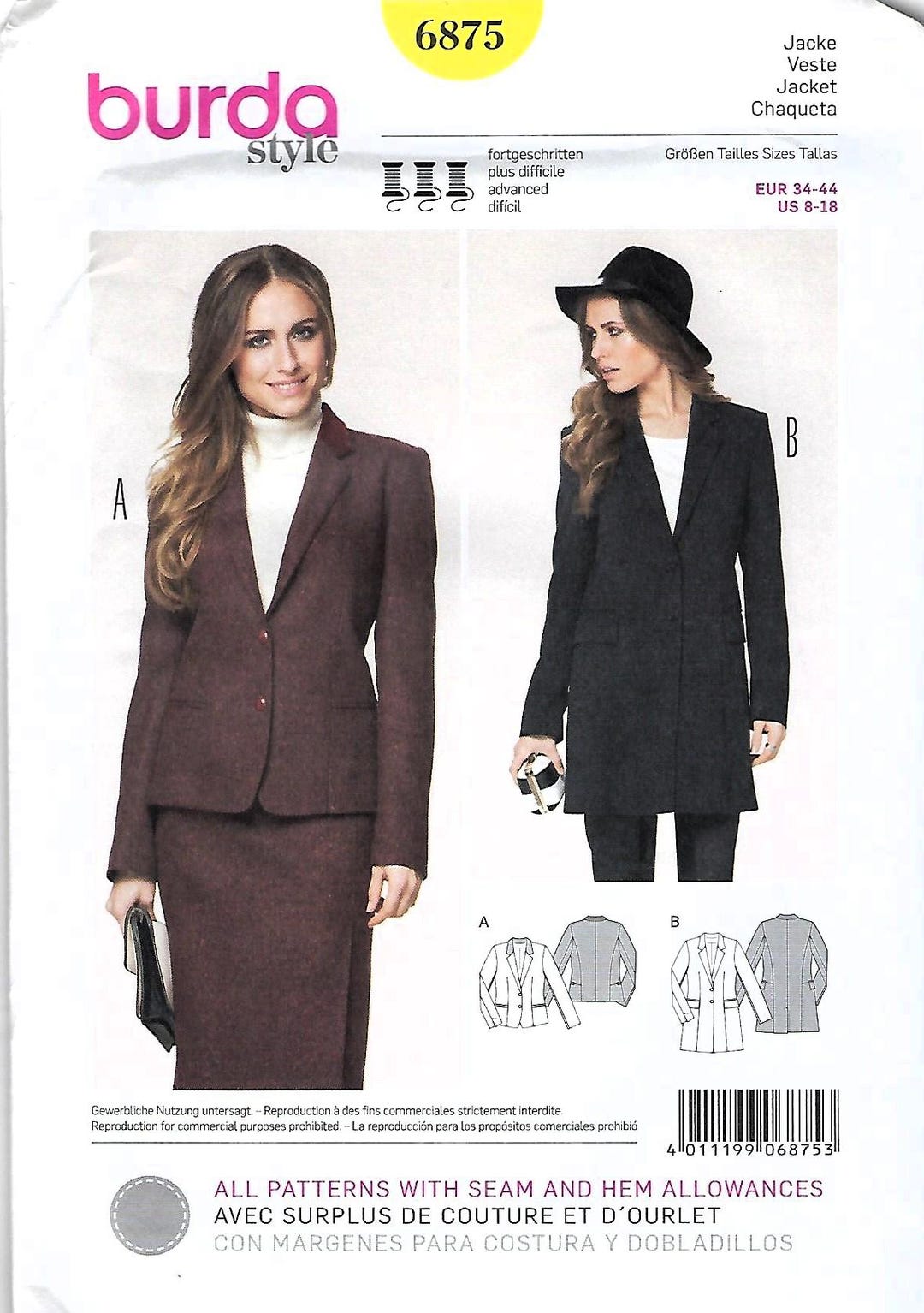 Burda style Pattern #6875~misses Classic Blazer in 2 Lengths~misses Sz ...