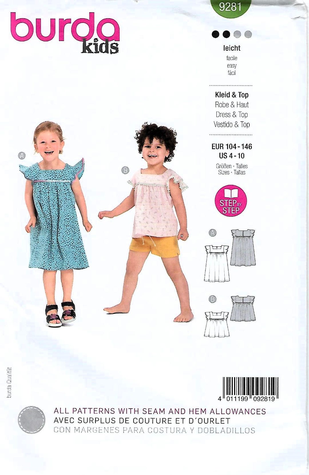 Burda Kids Pattern #9281~ girls' Dress With Flared Sleeves or Top W Cap ...