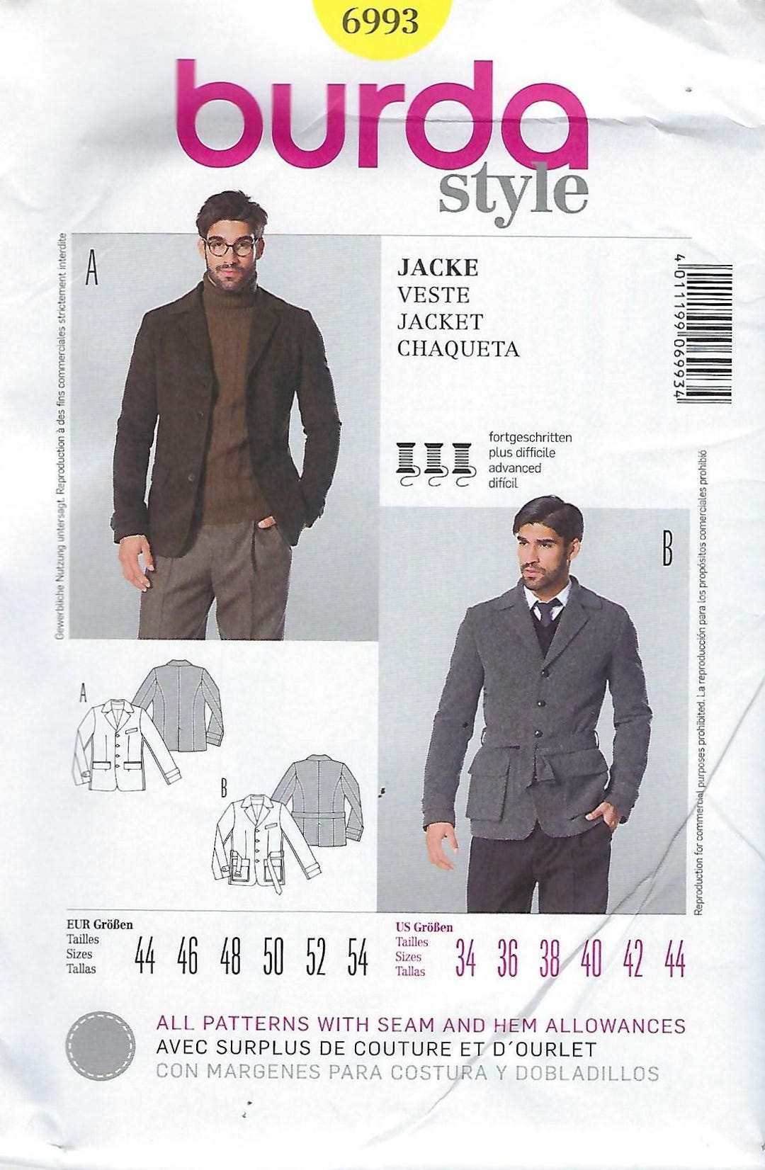 Burda Style Mens Pattern 6993mens Semi-fitted Jacketsmenssz 34-44uncut ...
