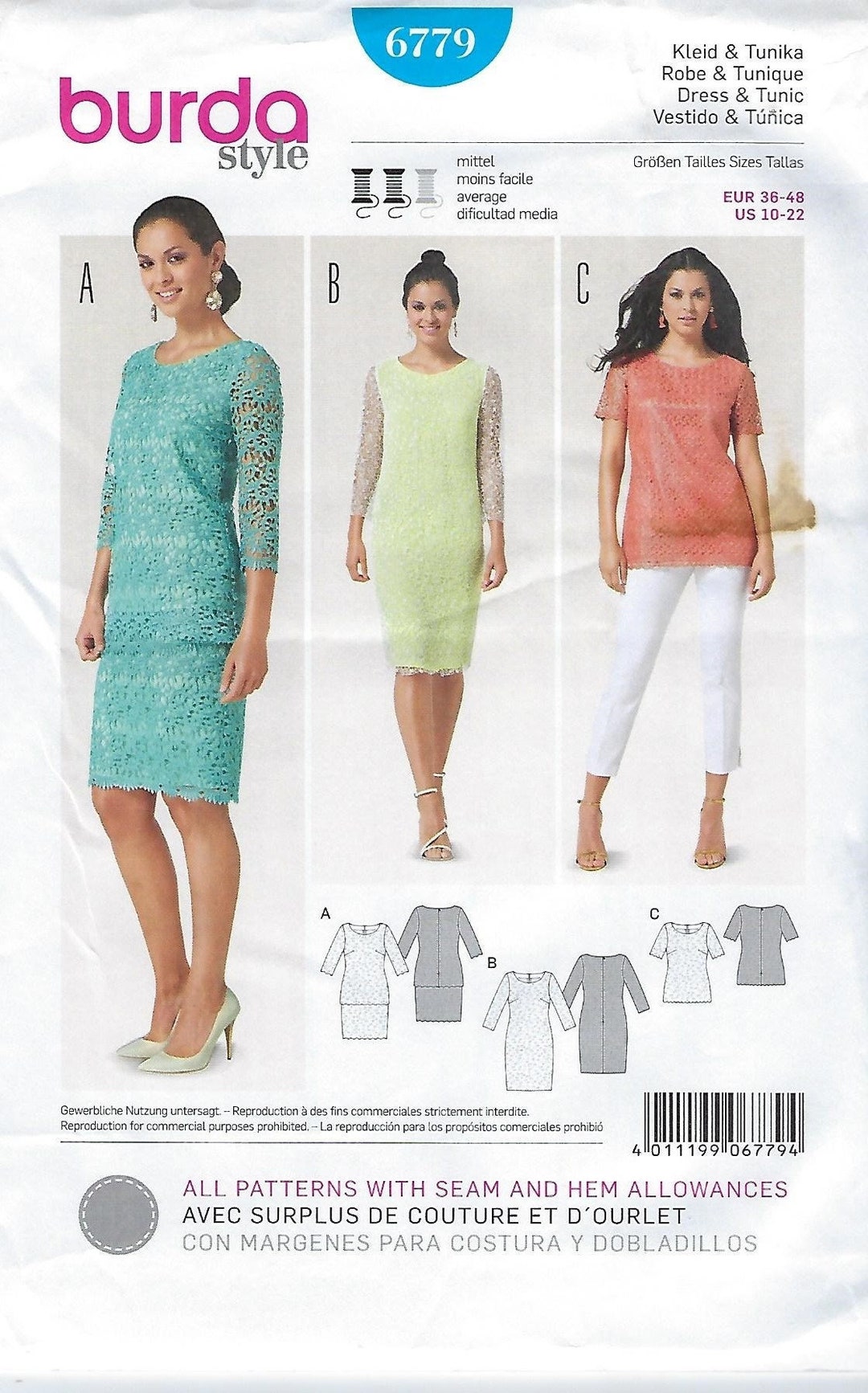 BURDA STYLE PATERN #b6779~misses Lace Dress and Tunic~misses Sz 10-22 ...
