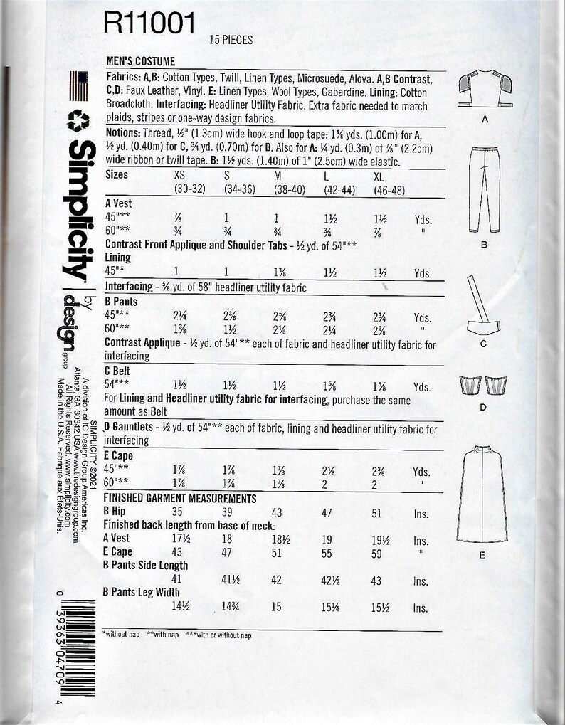 Simplicity Fantasy & Cosplay Pattern #9254/r11001~mens' Fantasy Hero ...