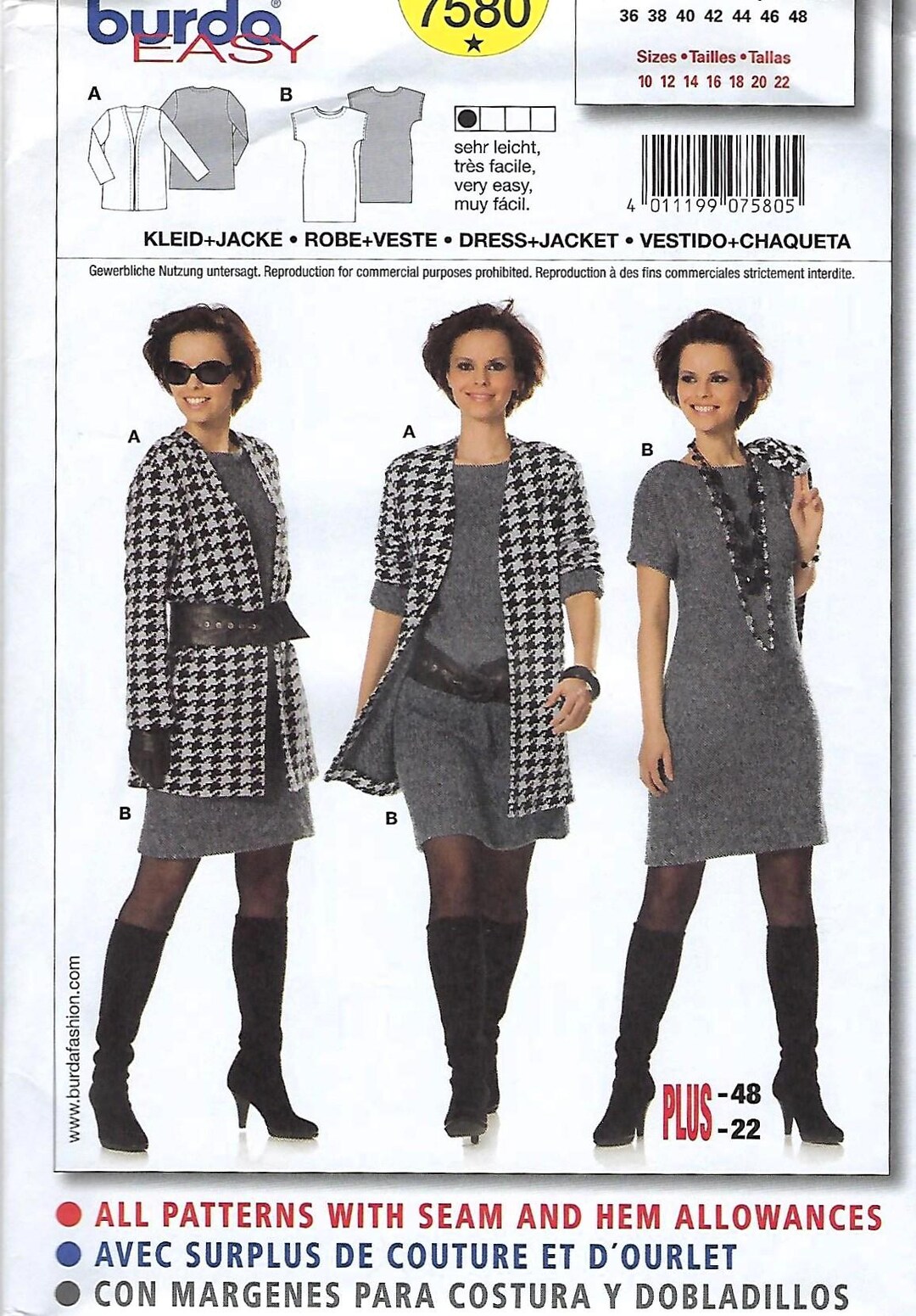Burda Easy Pattern #7580~misses Knit Dress and Jacket~misses Sz 10-22 ...