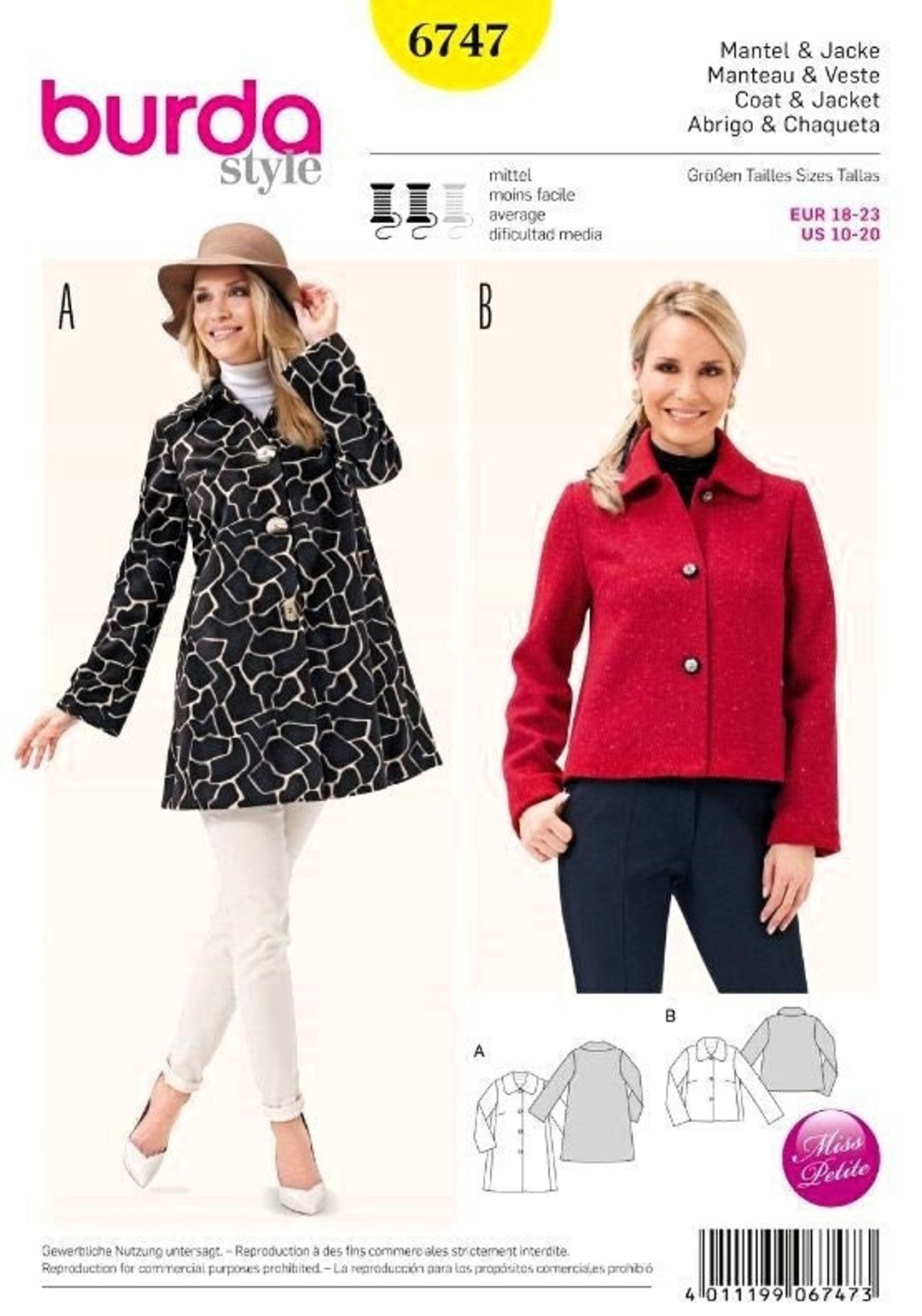 BURDA Patternb6747misses' A-line Coat or Cropped Jacketmisses Sz 10 ...