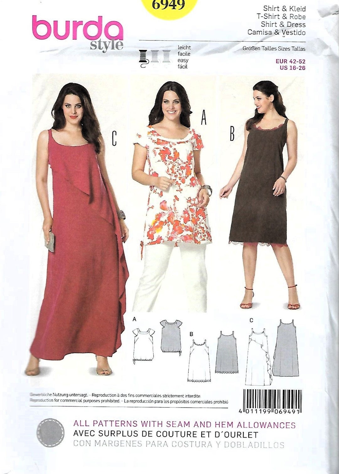 Burda Style Pattern #6949~ladies Plus Sizes Easy Sewing Pattern Tops ...