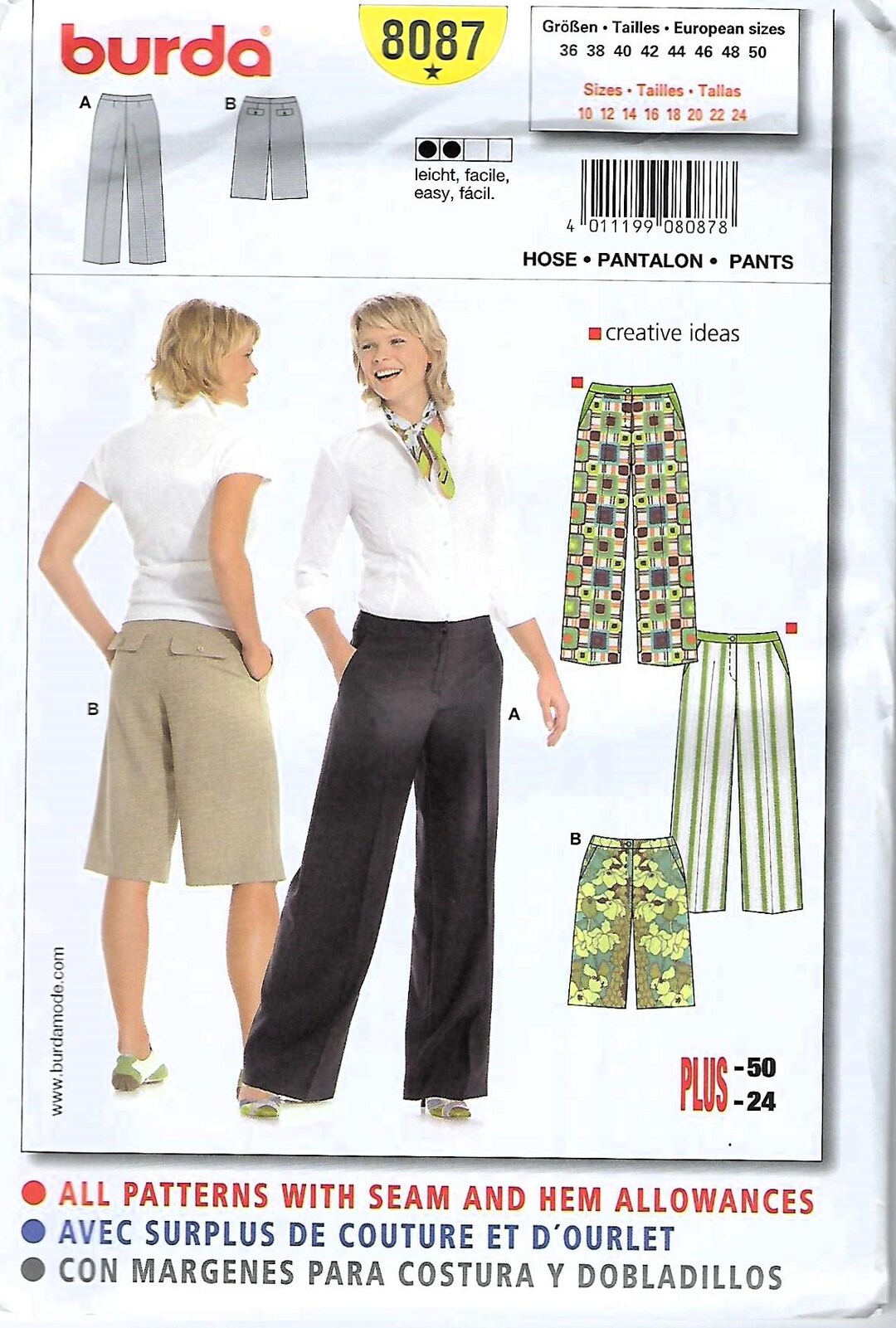 Burda Pattern #8087~misses Pants in 3 Styles~misses Sz 10-24~uncut F ...