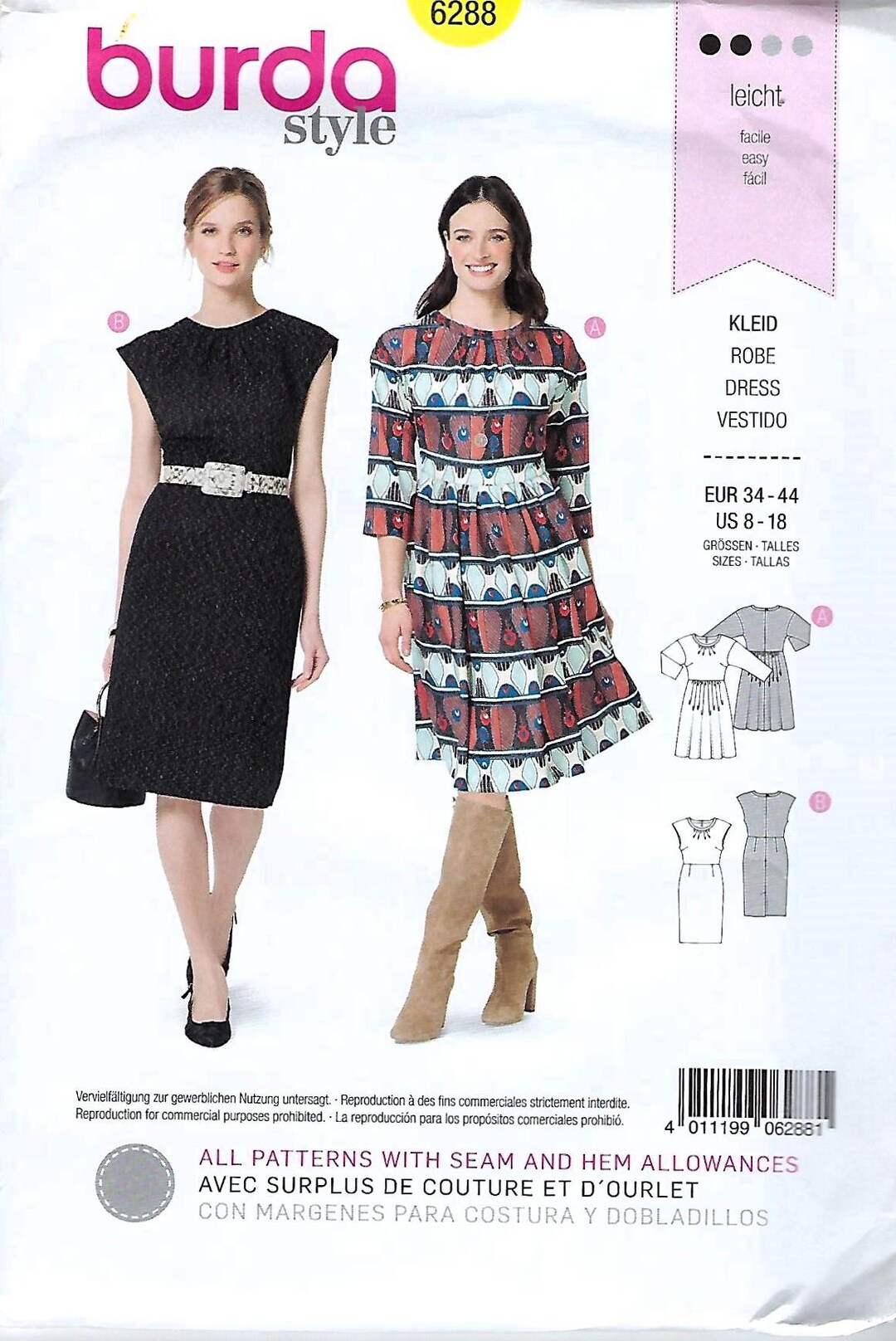 Burda Style Pattern #6288~misses' Dresses in 2 Styles~misses Sz 8-18 ...