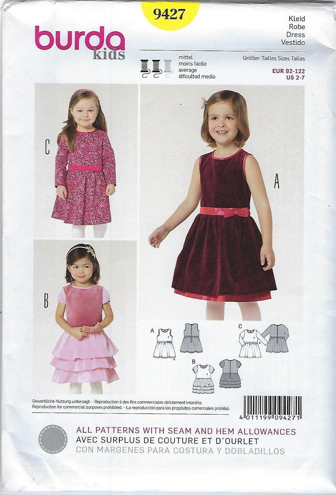 New Burda Kids Pattern #9427 Toddler and Girls Dresses~dress up Style ...