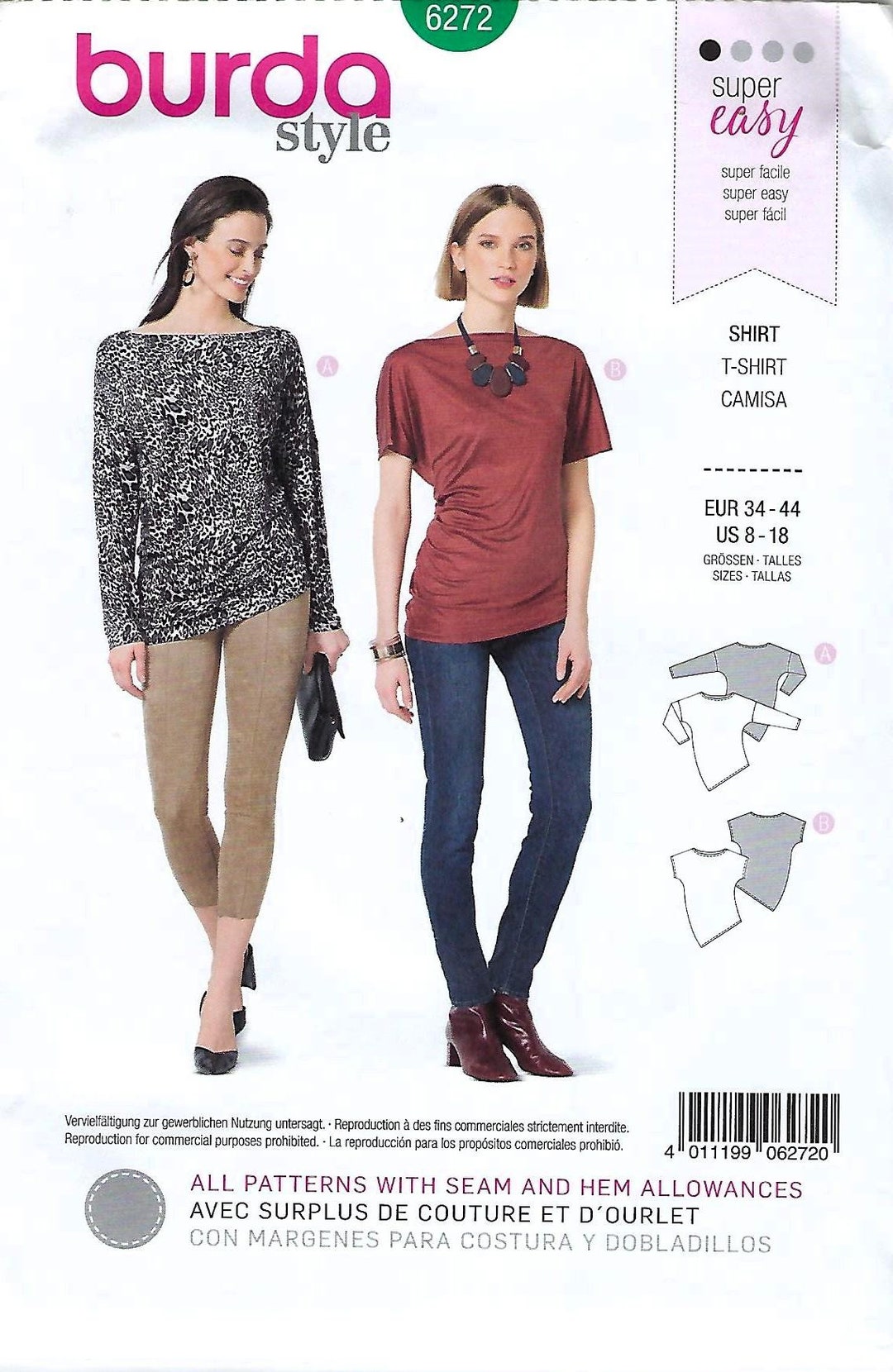 Burda Style Pattern #6272~misses' Sz 8-18 Knit Tops With Asymmetric ...