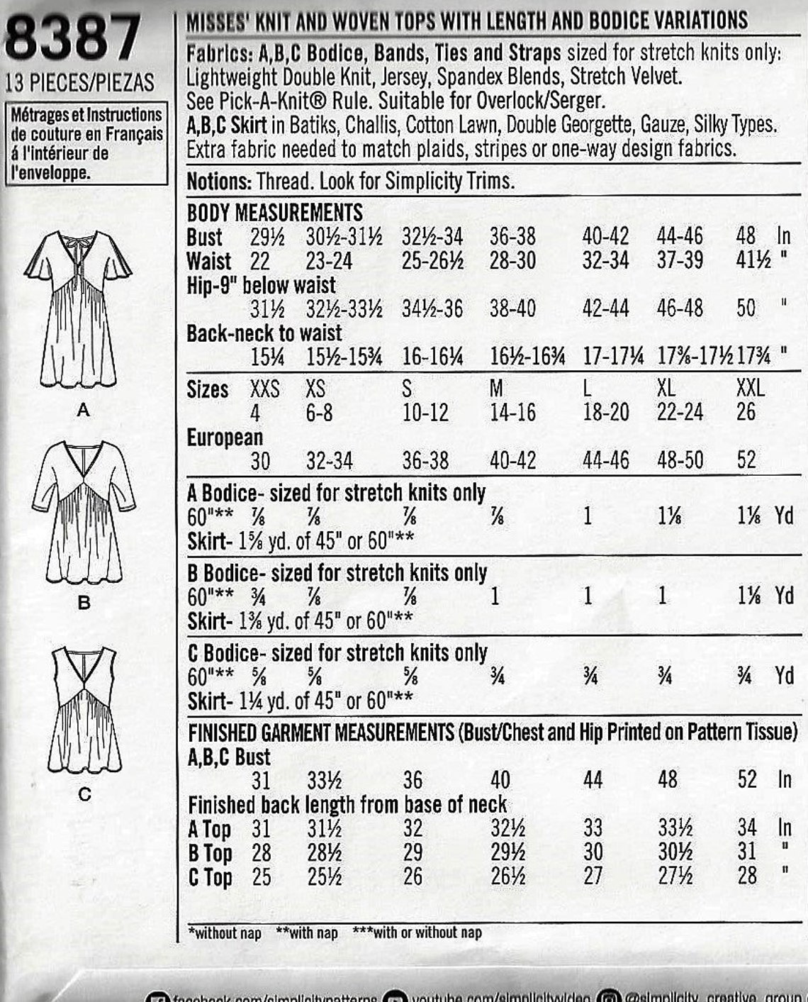 Simplicity Pattern 8387 Misses' Knit and Woven Top With | Etsy