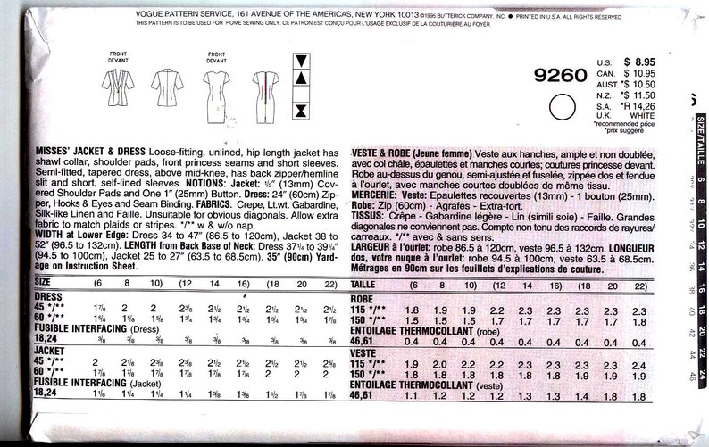 1995 New VOGUE ULTRAEZ PATTERN 9260 Size 6-10 Misses | Etsy