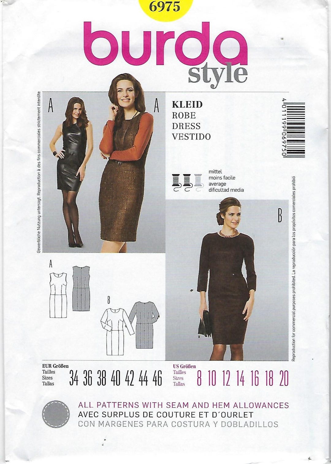 Burda Style Pattern #6975~misses Sheath Dress W Sleeve Options~misses ...