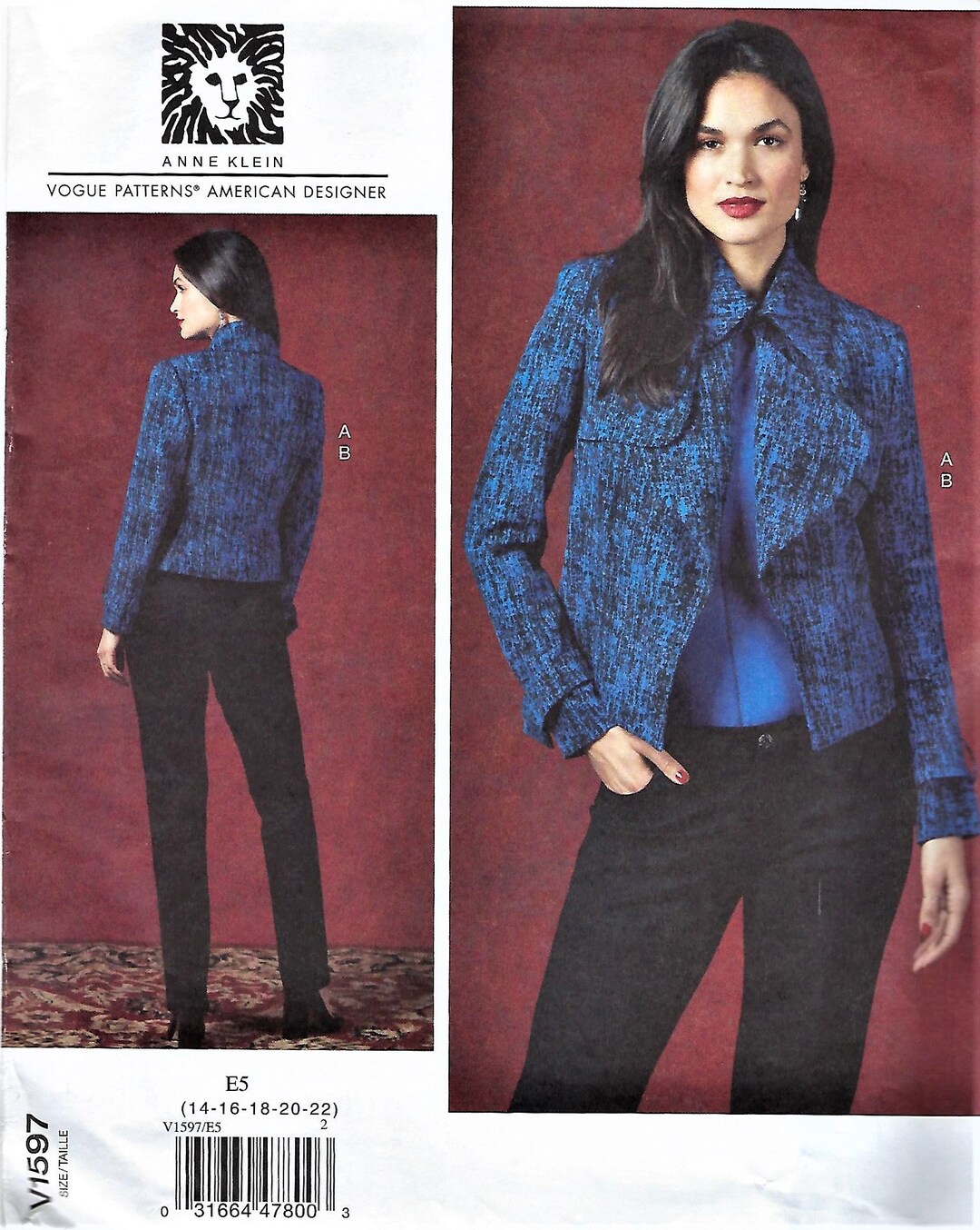 Vogue V1597 Anne Klein Sewing Pattern: Misses Jacket & Trousers Sz 6-14 ...