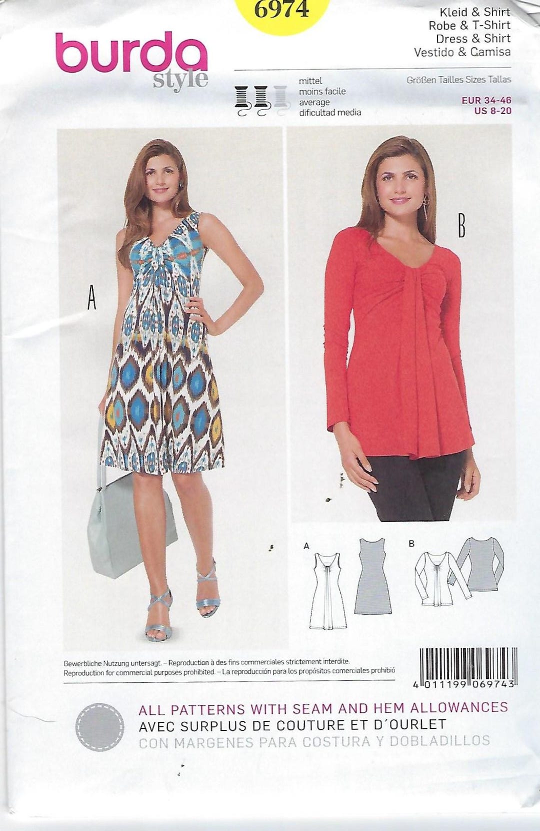 Burda Style Pattern #6974~misses Short Sleeve Dress and Top~misses Sz 8 ...