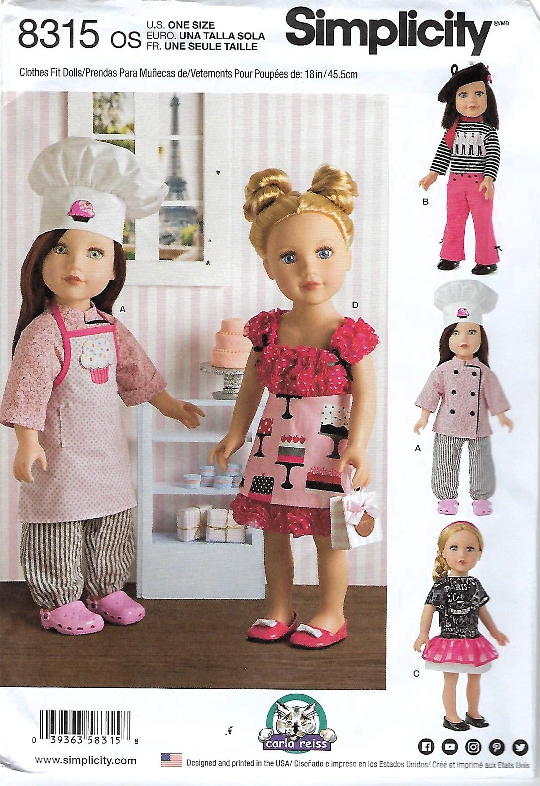 Simplicity Pattern #8315~18" Parisian Chef Doll Clothes~one Sz~uncut F ...