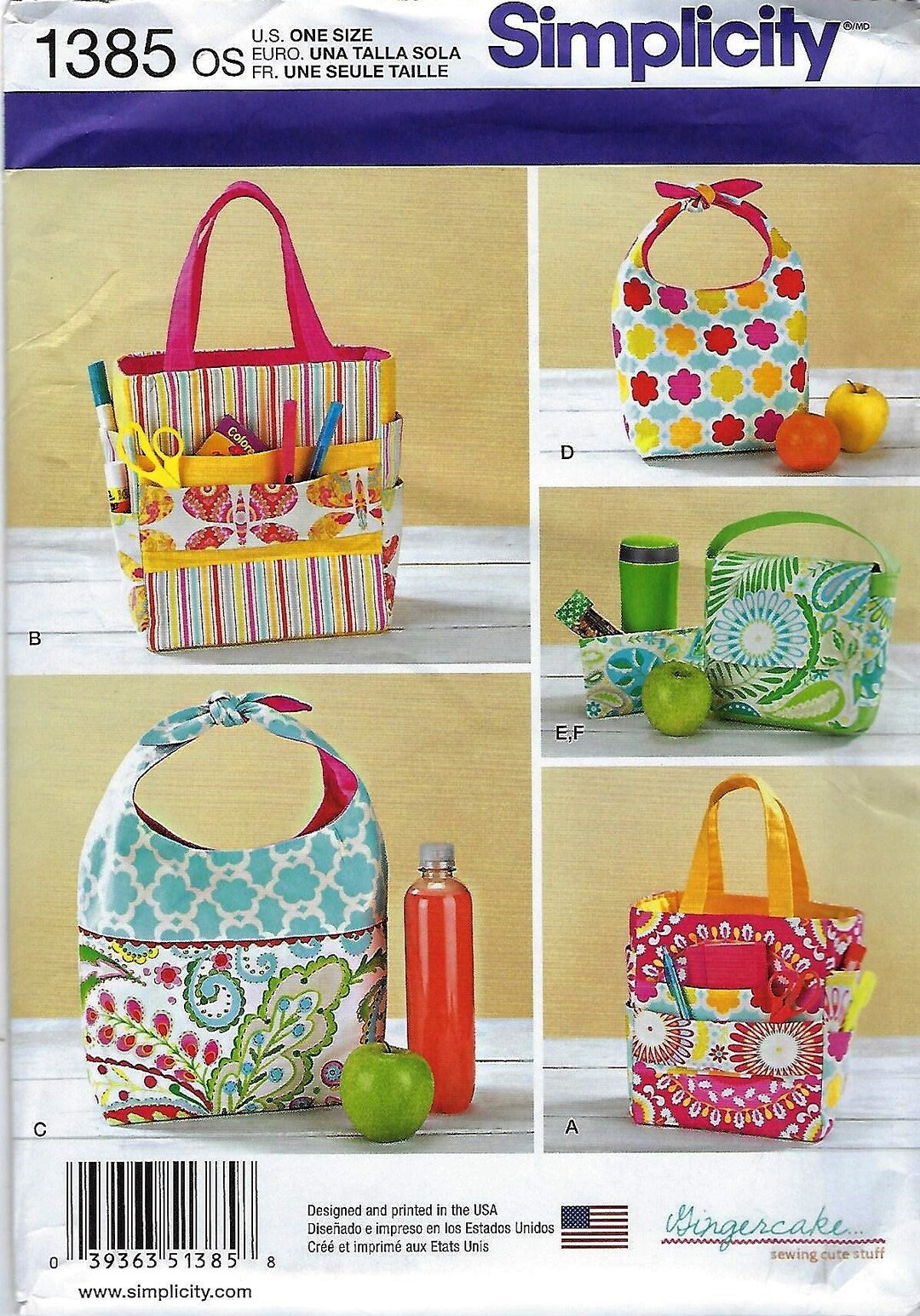 Simplicity Pattern 1385art Caddies, Lunch Bags and Snack Bagone Szuncut ...