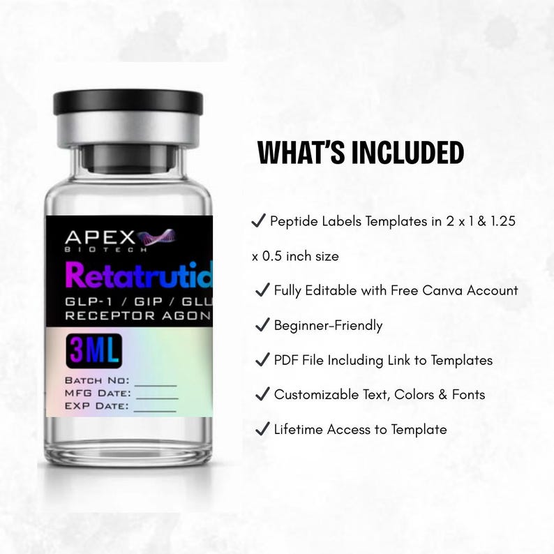 Peptide Vial Labels Template, Retatrutide, Niimbot Sticker Designs ...