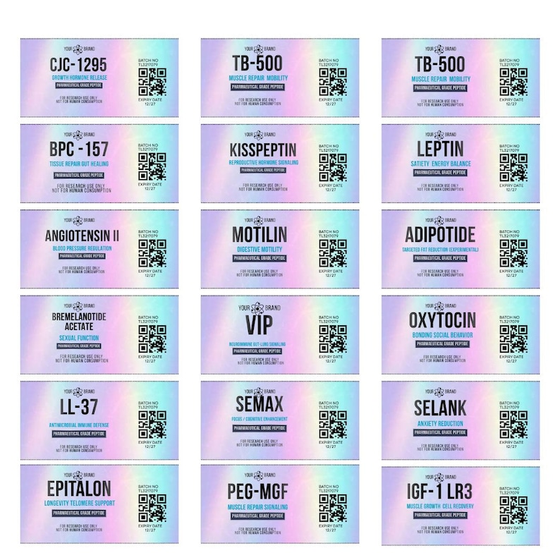 30 Peptide Labels Templates, Holographic With QR Code Printable Peptide ...