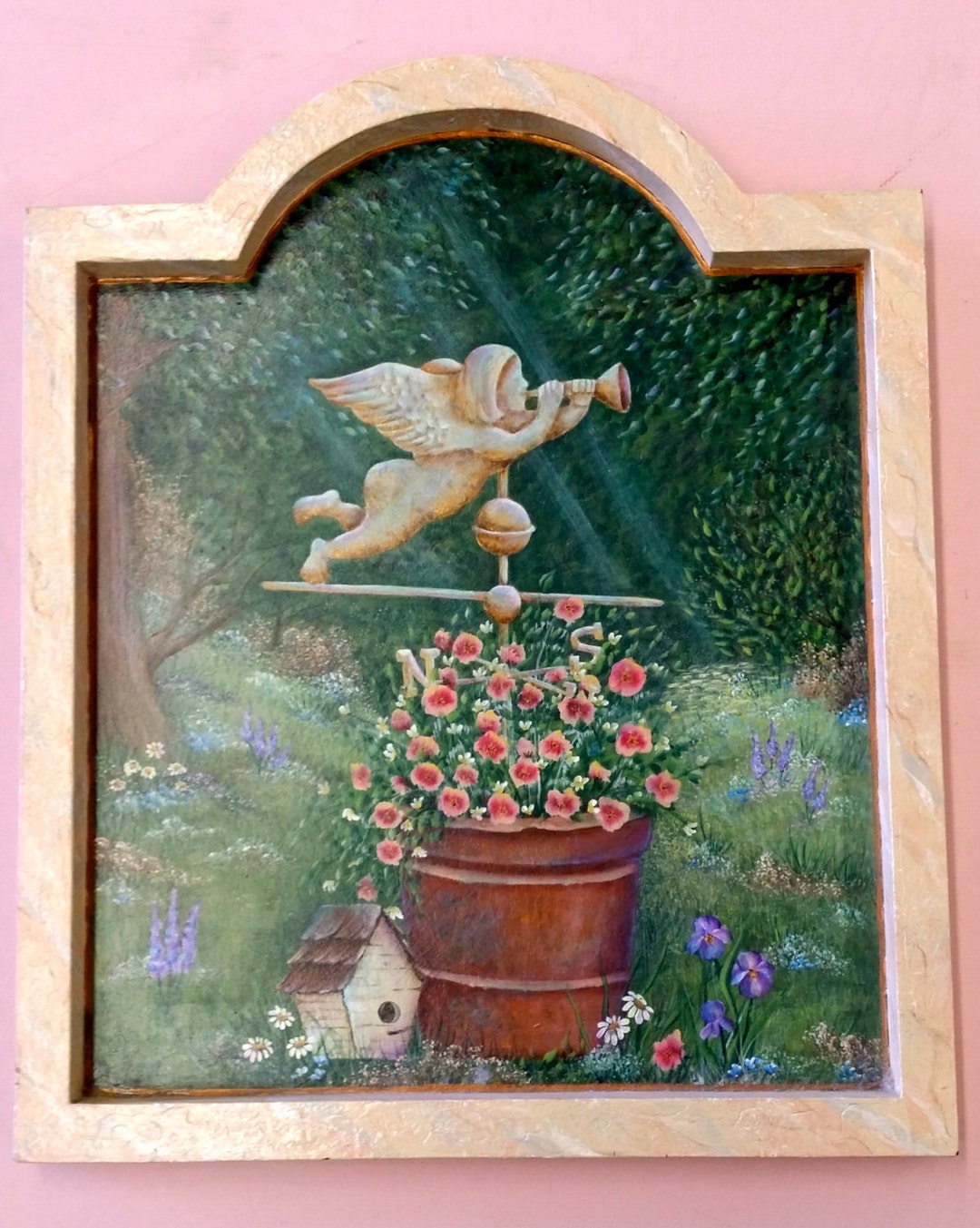 This Garden Inspired Painting Features a Chubby Angel Weather Vane ...