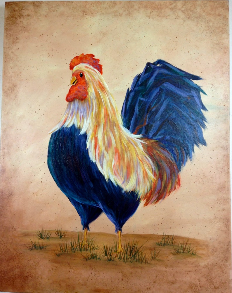 Early Bird Rooster Painted on a 14x18 Polyester Box Canvas. Vivid Brush ...