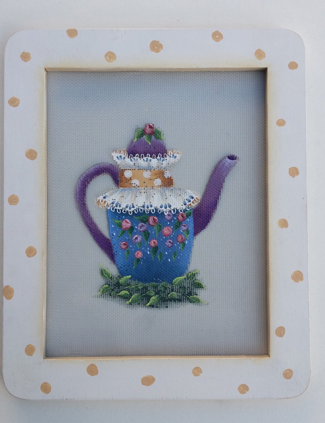 A Darling Little Tea Pot Painted on a Framed Screen. A Lacy Collar ...