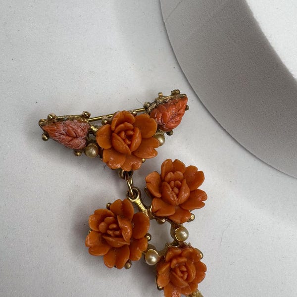 Vintage Coral Rose Brooch - Etsy