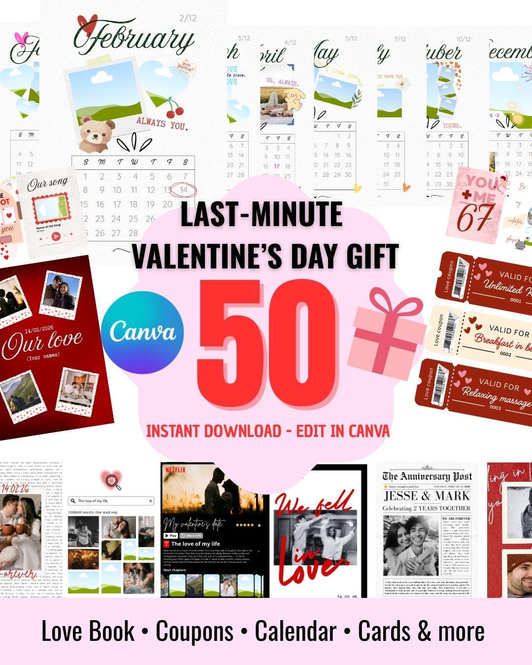 50 Editable Valentine’s Day Templates | Canva Bundle | Love Book ...