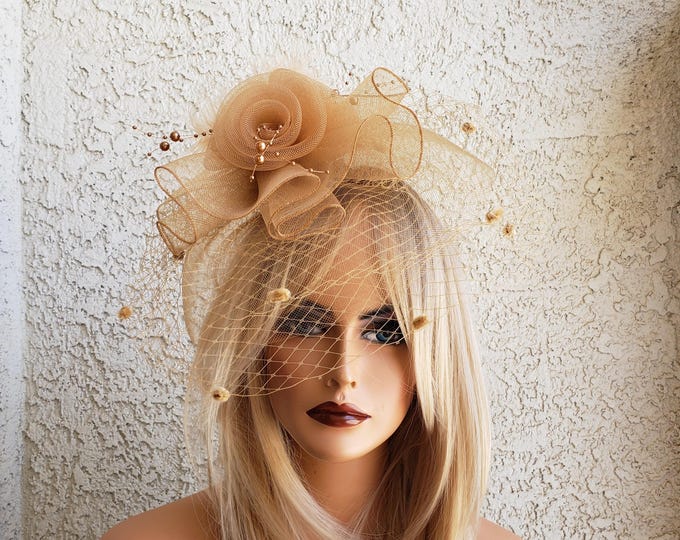 Gold Dotted Veil Fascinator, Pearls and Feathers - Etsy