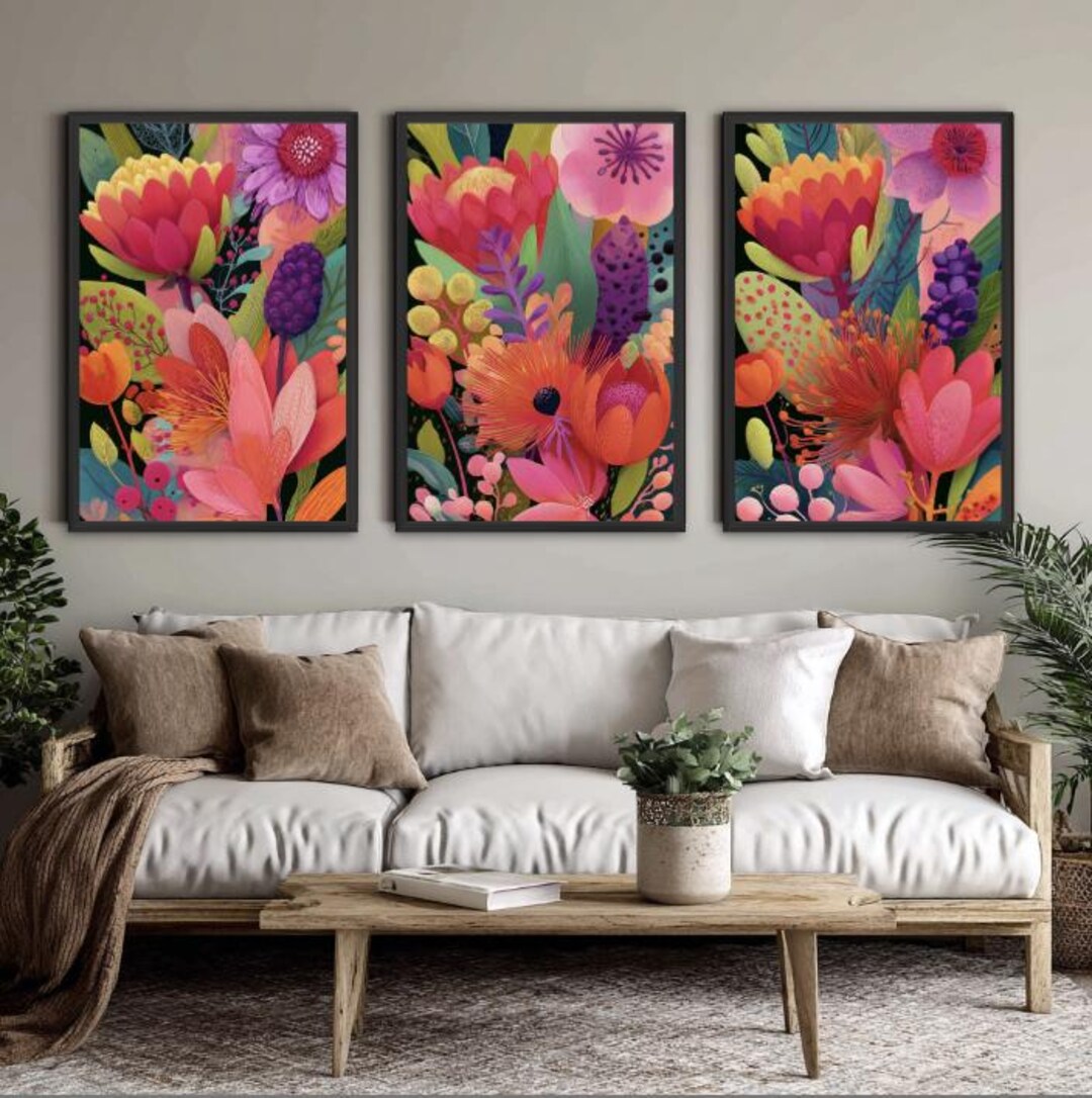 Bold Floral Wall Art Set of 3 | Colorful Botanical Prints | Playful ...