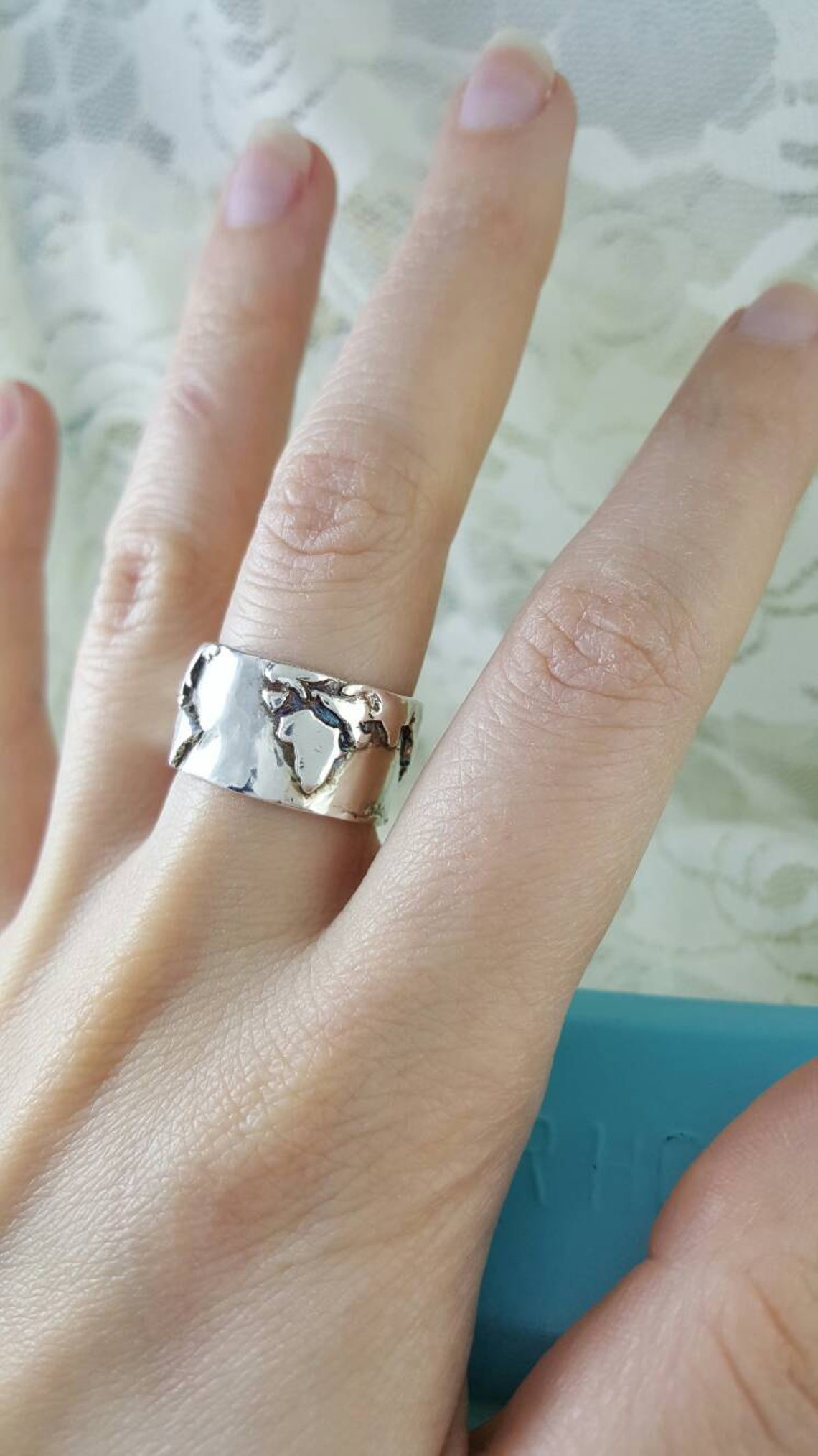 World Map Ring in Sterling Silver Wide Band Ring World - Etsy