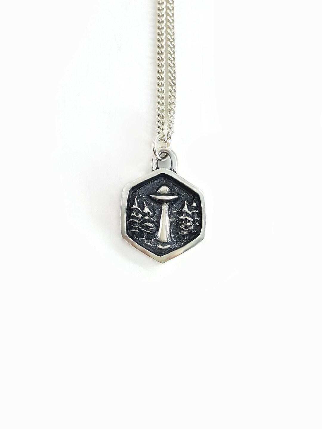 UFO Necklace in Sterling Silver, Silver Alien Abduction Necklace ...