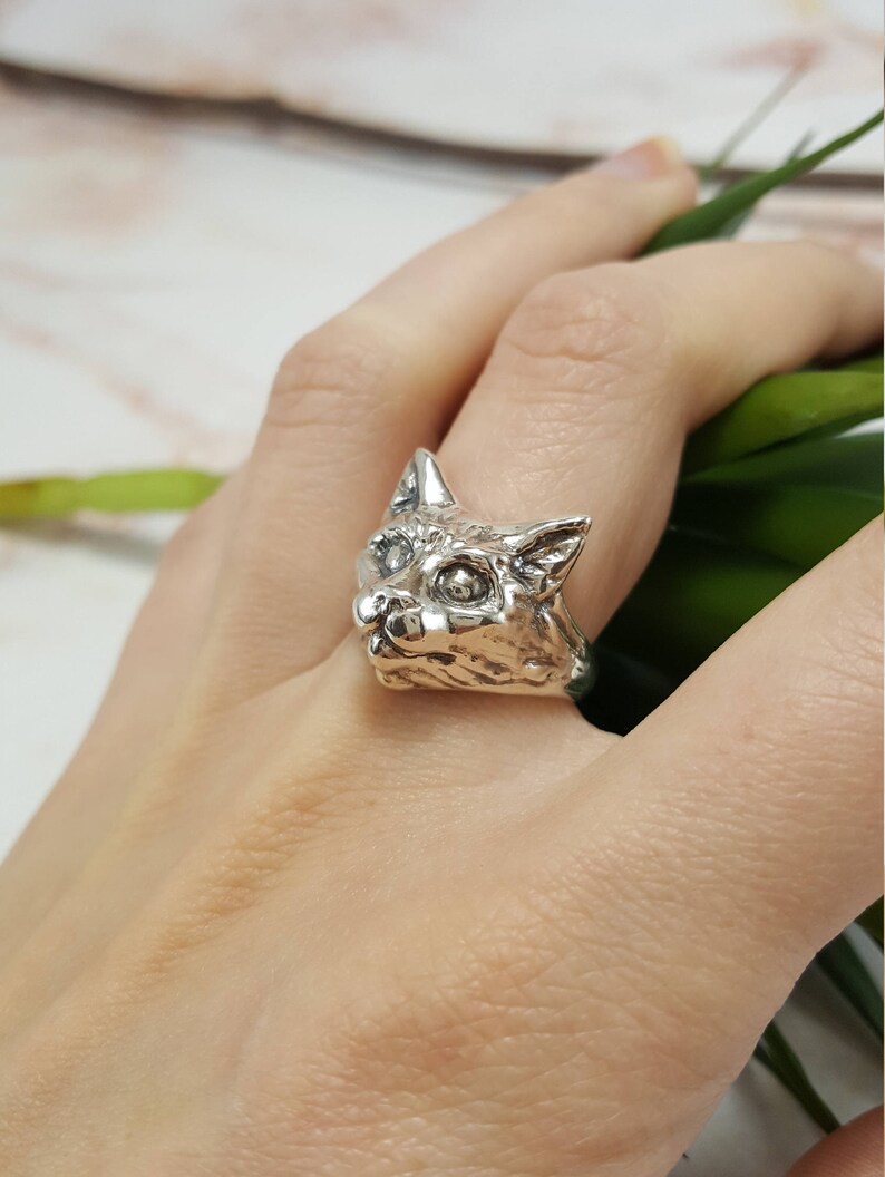 Cat Ring in Sterling Silver Silver Cat Face Ring Cat Biker - Etsy