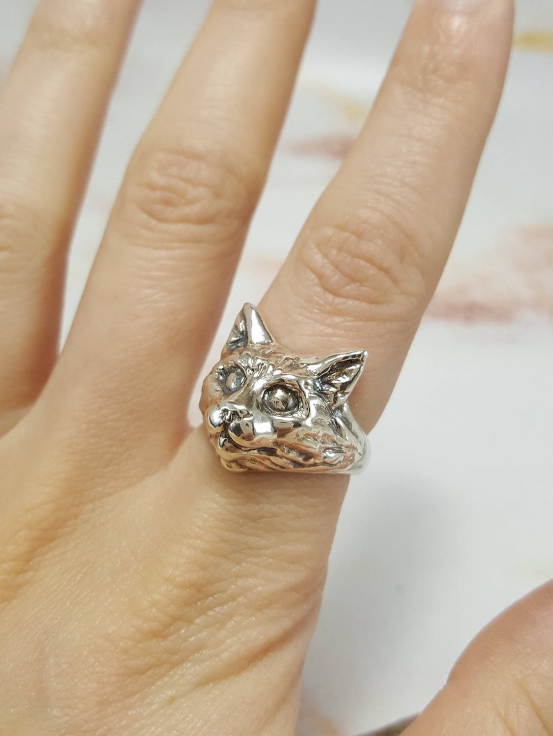 Cat Ring in Sterling Silver Silver Cat Face Ring Cat Biker - Etsy