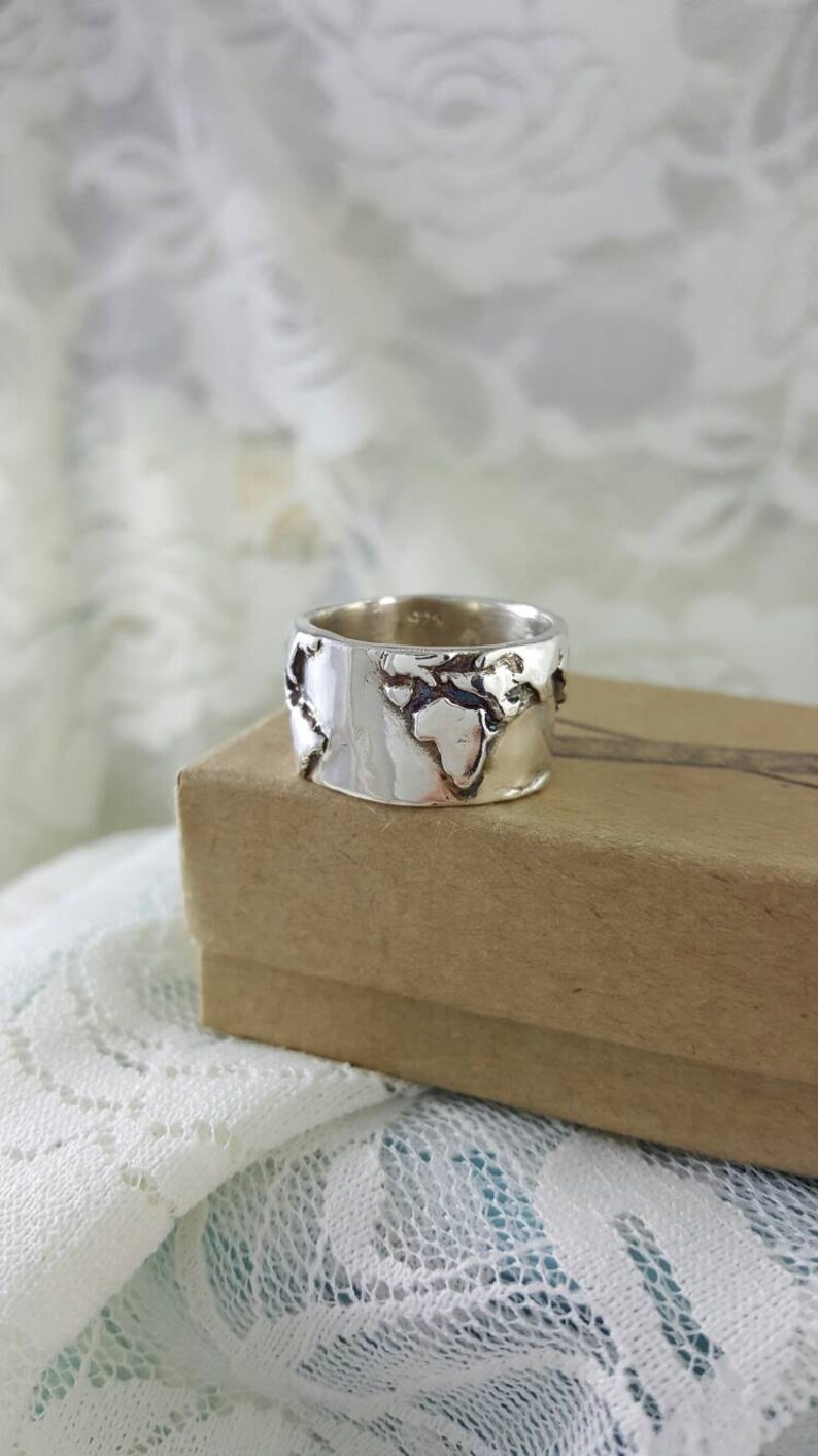 World Map Ring in Sterling Silver Wide Band Ring World - Etsy