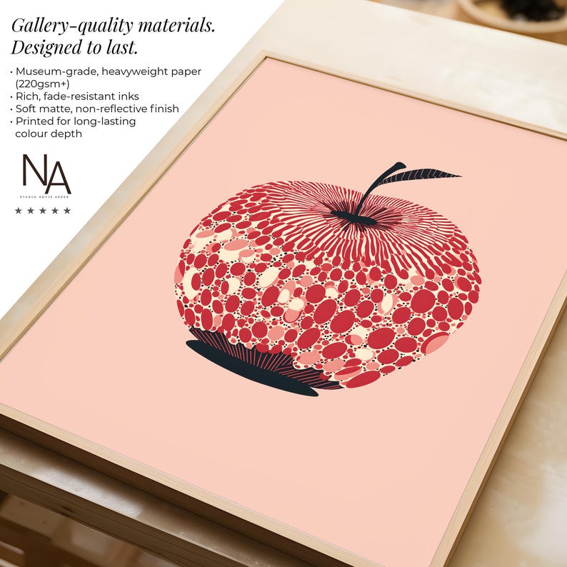 Pink Apple Print | Modern Polka Dot Artwork, Funky Kitchen Decor Print ...