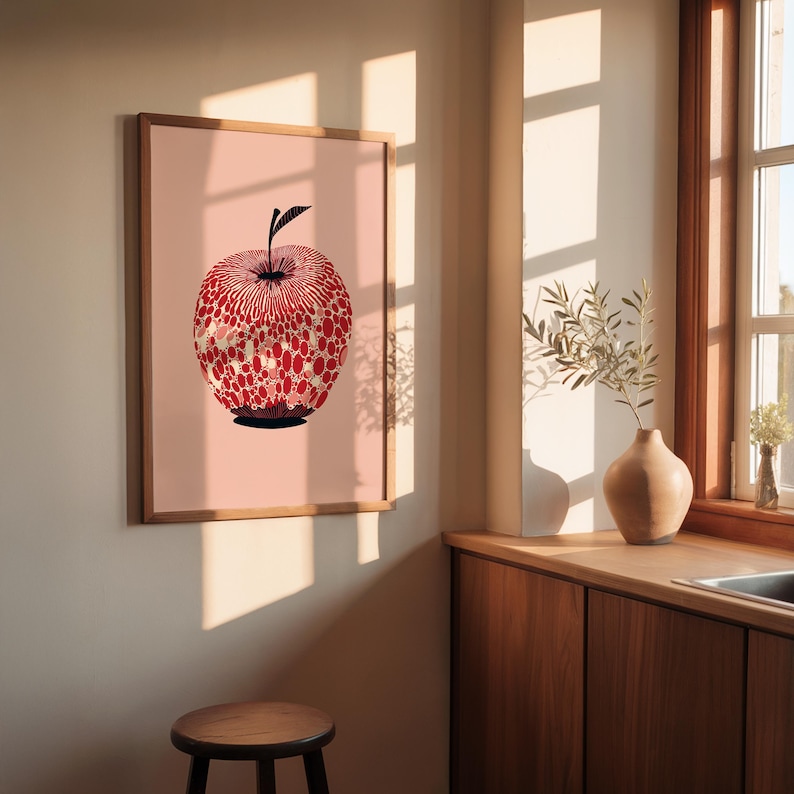 Pink Apple Print | Modern Polka Dot Artwork, Funky Kitchen Decor Print ...