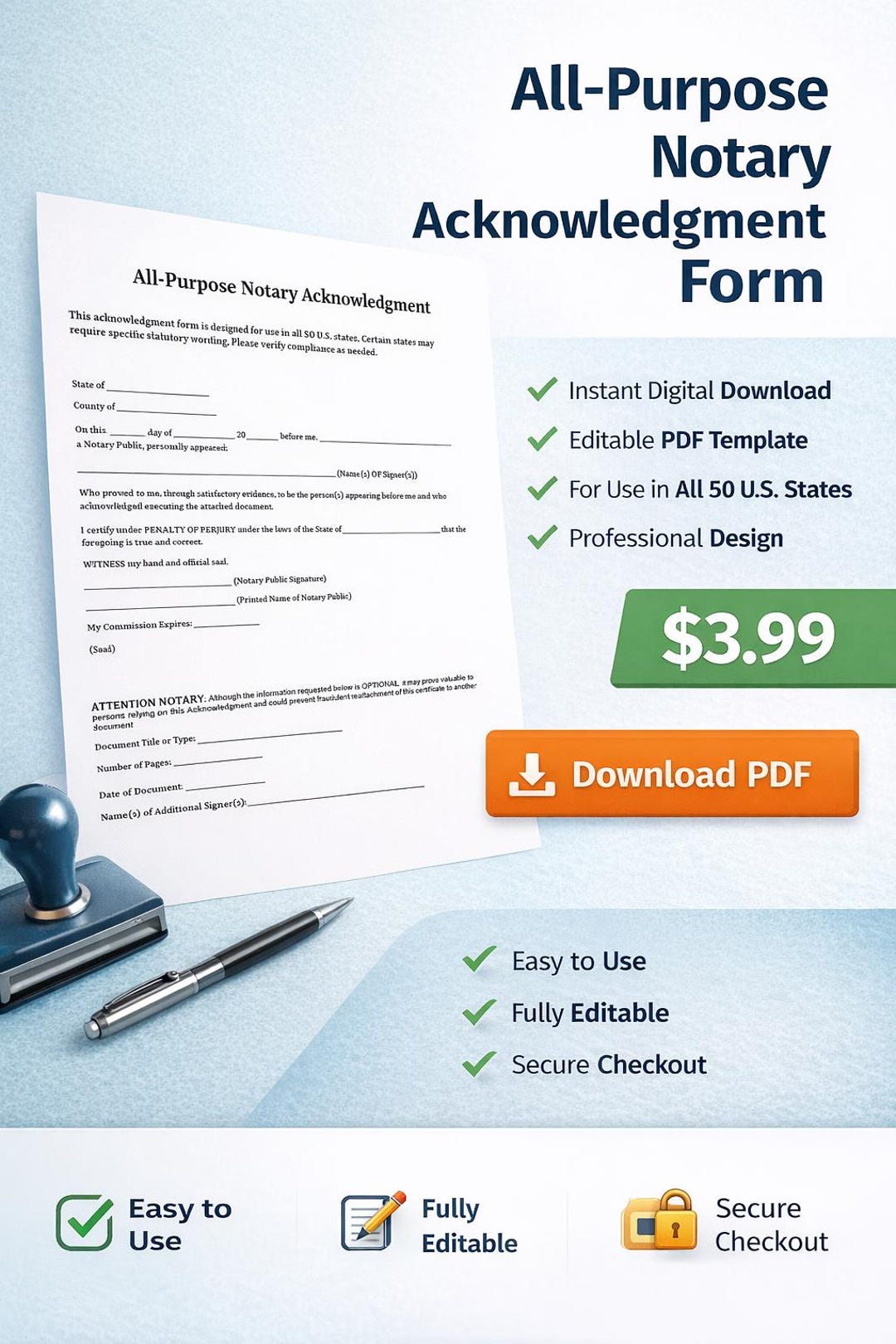 Notary Acknowledgment Form | All-purpose Certificate (digital Download ...