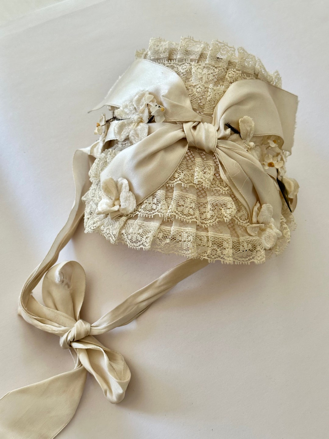 Vintage Frilly Childs Lace and Floral Millinery Fascinator Bonnet With ...