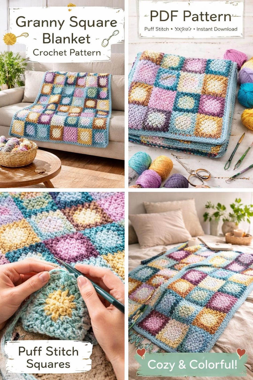 Granny Square Blanket Crochet Pattern | Puff Stitch Afghan | Colorful ...