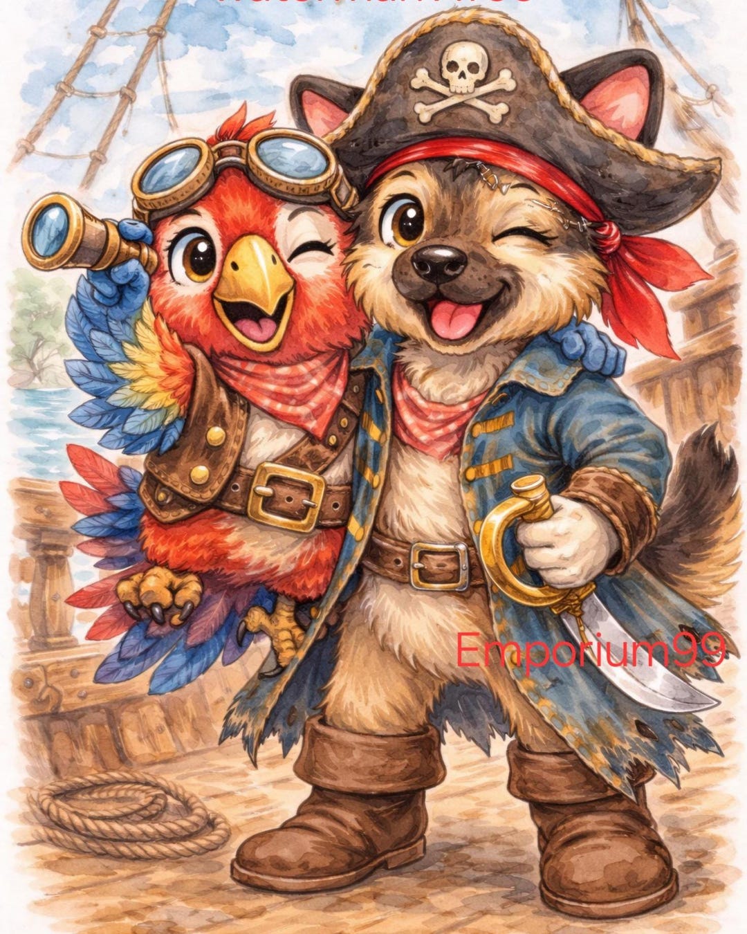 10 PNG Pirate Dog and Parrot Clipart Pack, Watercolor Art (instant ...