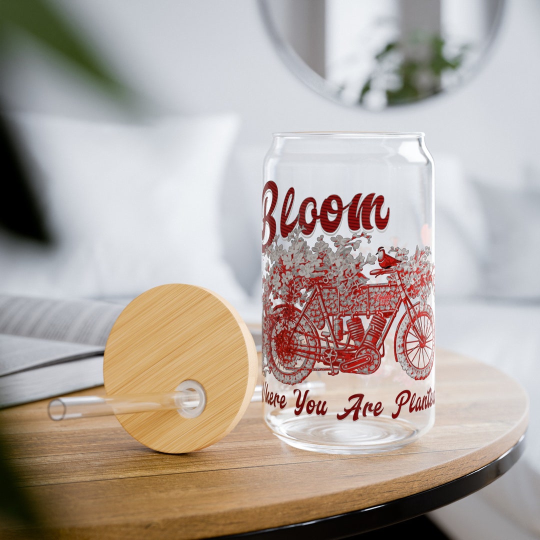 Floral Design Glass With Garden Themed Drink Cup With Lid Straw Bloom ...