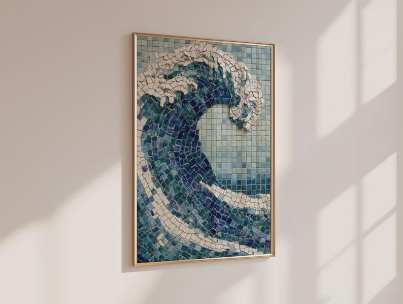 Ocean Wave Wall Art | Blue Mosaic Tile Print | Beach House Decor - Etsy